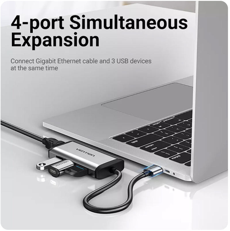 ตัวแปลง Vention USB-A to 3 USB-A(3.0A)+RJ45 HUB 4-in-1 0.1M ...