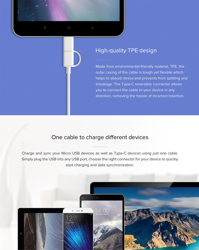 สาย USB Xiaomi Mi 2-in-1 Micro Type-C 30 cm. Cable White