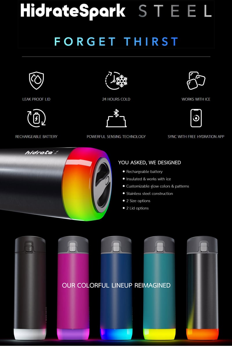 ขวดน้ำอัจฉริยะ HidrateSpark STEEL Smart Water Bottle 21oz Chug Lid