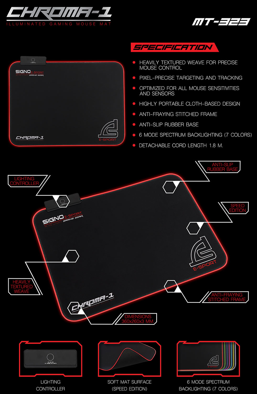 Signo E-Sport Gaming Mouse Mat LED CHROMA-1 MT-323 Speed Edition (360 x ...
