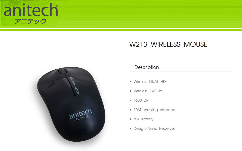 เมาส์ไร้สาย Anitech Wireless Mouse W213 Black