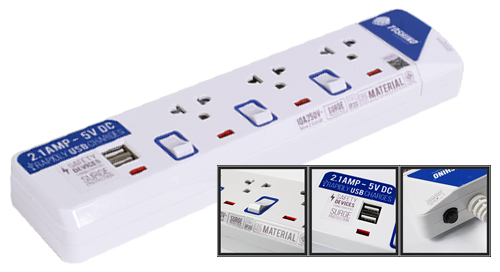 Toshino Plug 3 Way 3 Switch 2 USB 3M. (ET913-USB) White