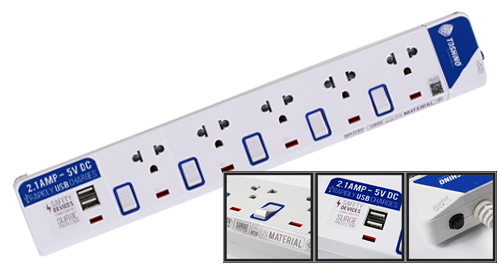 Toshino Plug 5 Way 5 Switch 2 USB 3M. (ET915-USB) White